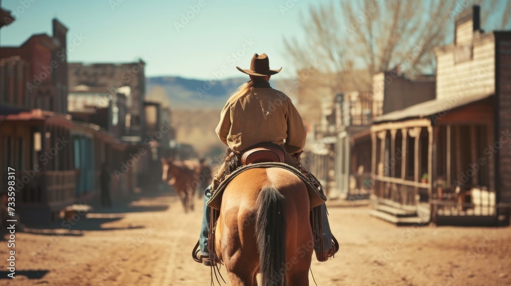 Lone Cowboy Riding Horse on a Dusty Western Town Road, western movie ...