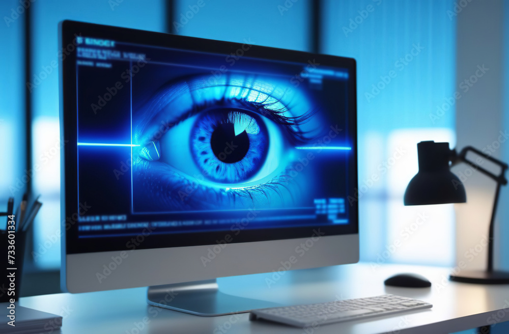 Computer Monitor with Blue Neon Eye on the Screen standing in the ...