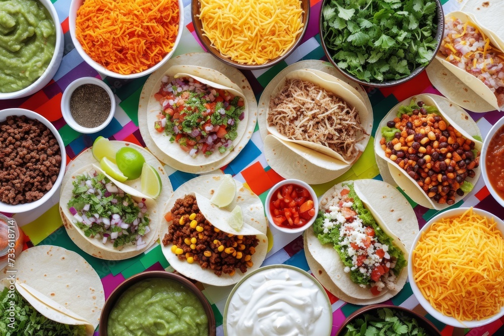 A top view of a DIY taco night with various fillings, toppings, and ...