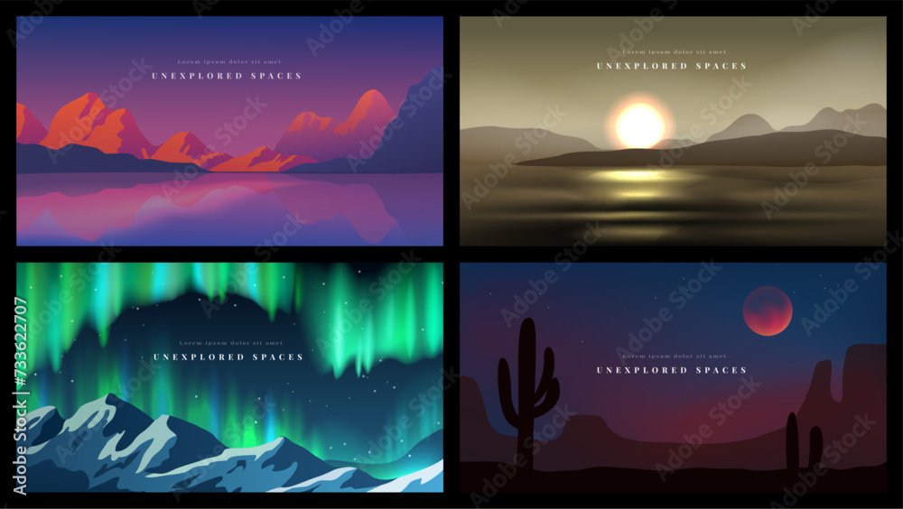 Nature landscape. Night sky. Sunrise in mountains. Aurora and stars ...