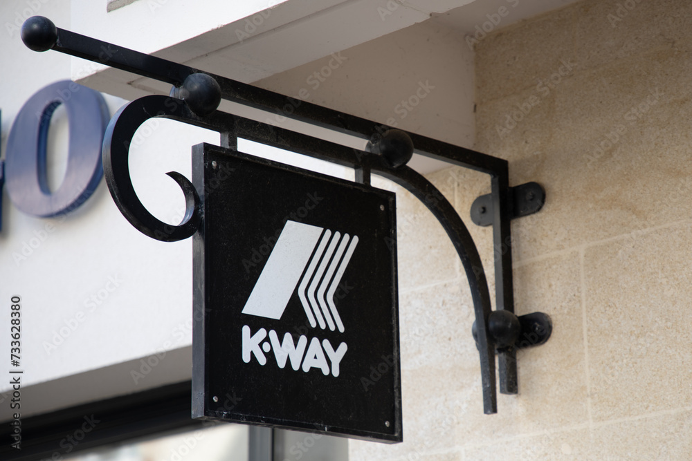 k-way logo brand store and text sign chain on wall facade shop entrance ...