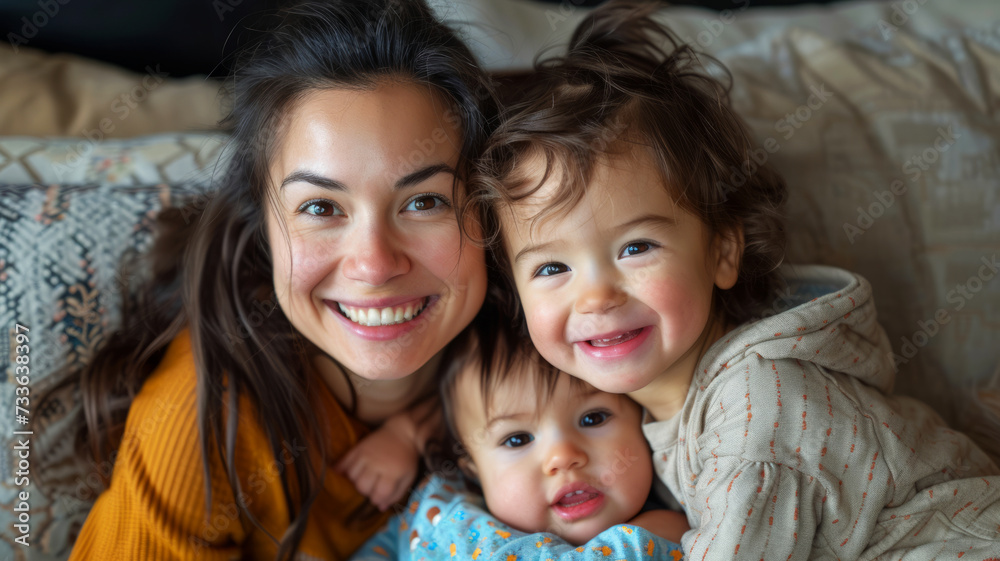 Joyful Mother Embracing Her Toddlers at Home, A radiant mother shares a ...