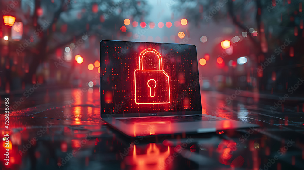 padlock on the laptop screen with a computer on the background cyber ...