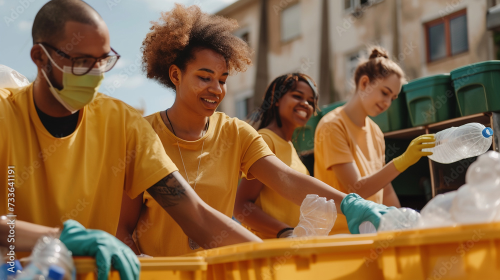 Volunteers organizing a community recycling program to promote ...