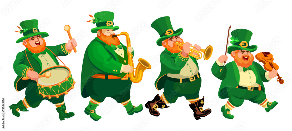 Four funny fat musicians in leprechaun costumes. People with a drum ...
