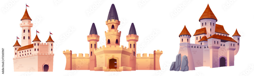 Fairytale medieval castle with towers and flags, windows and gate doors ...