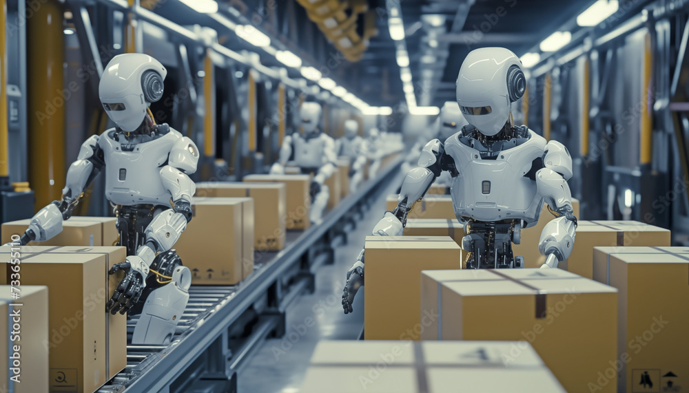 Robots working with cardboard boxes on a conveyor belt. Human labor ...