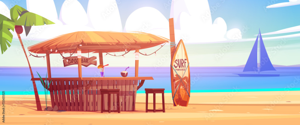 Summer beach bar against sea background. Vector cartoon illustration of ...