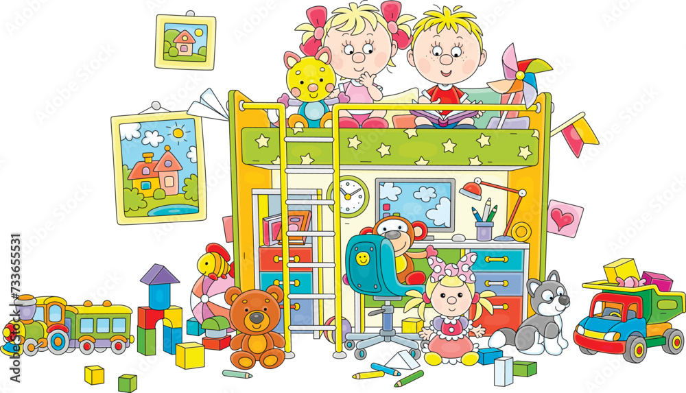 Happy little boy and girl romping with their funny colorful toys in a ...