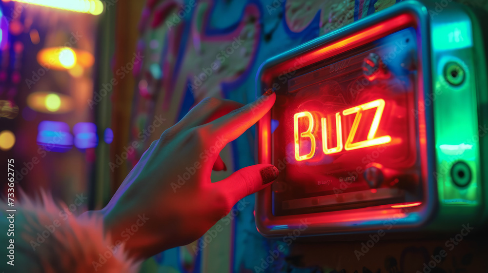 Buzz concept image with person hand touching a big buzzer button with ...