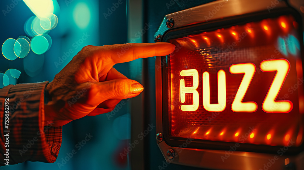 Buzz concept image with person hand touching a big buzzer button with ...