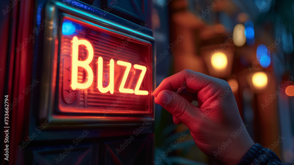 Buzz concept image with person hand touching a big buzzer button with ...