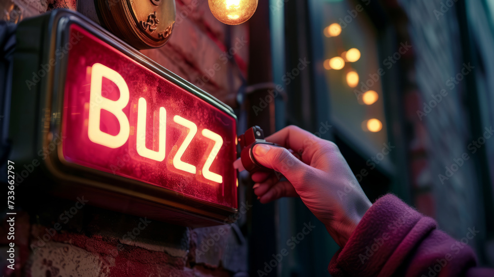 Buzz concept image with person hand touching a big buzzer button with ...