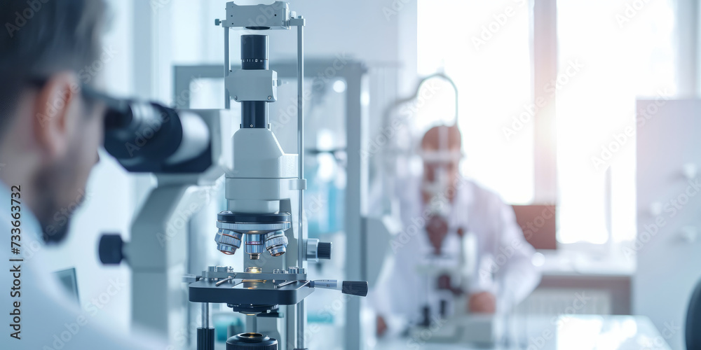 doctor at a optical clinic with futuristic ophthalmoscope equipment ...
