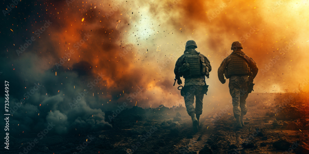 military special forces soldiers crosses destroyed warzone through fire ...