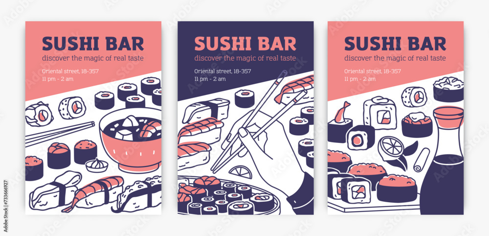 Sushi posters, flyers backgrounds set. Japanese food restaurant ...
