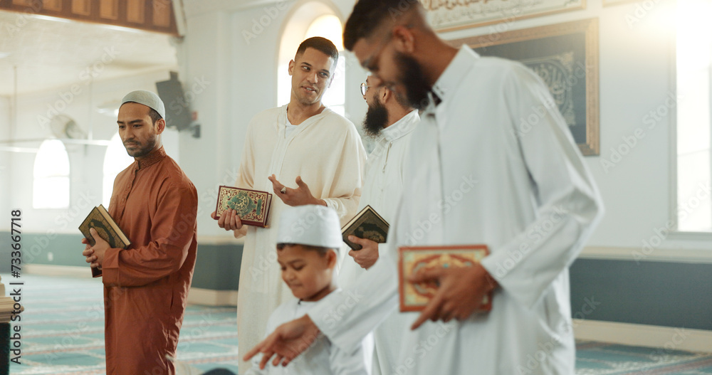 Islam, smile and group of men in mosque with child, mindfulness and ...