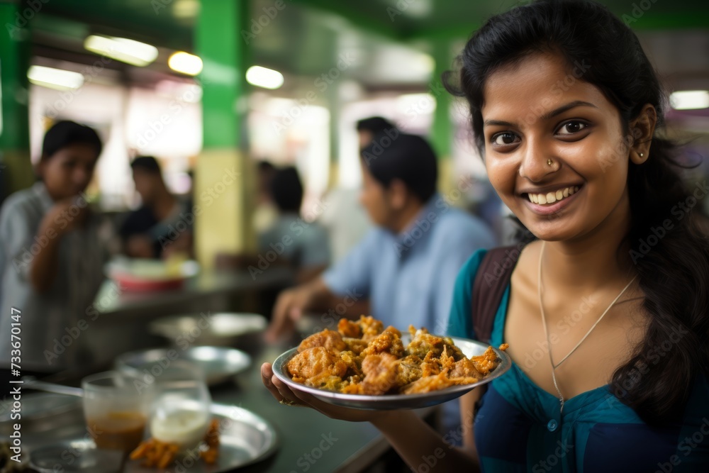 Photograph A 18 Year Old Indian Woman Savoring A Dish Of Pav Bhaji At A