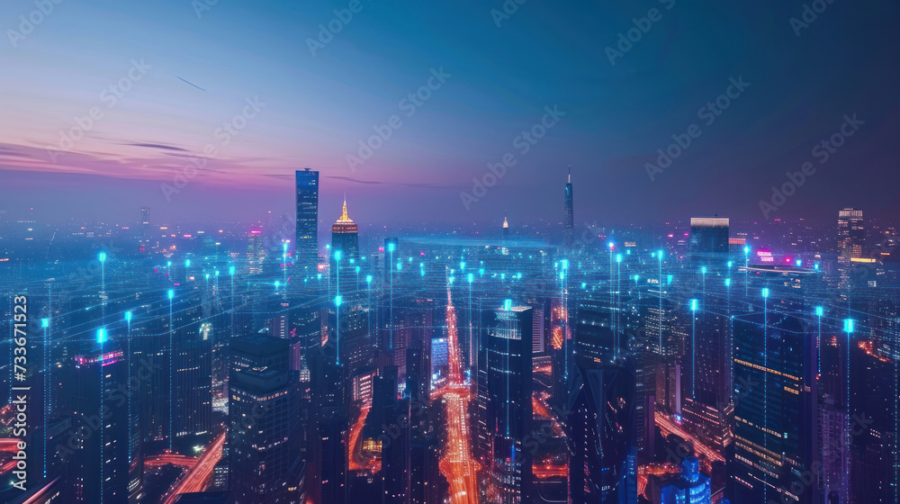 Smart City. global media link connecting on night city background, digital, internet ...