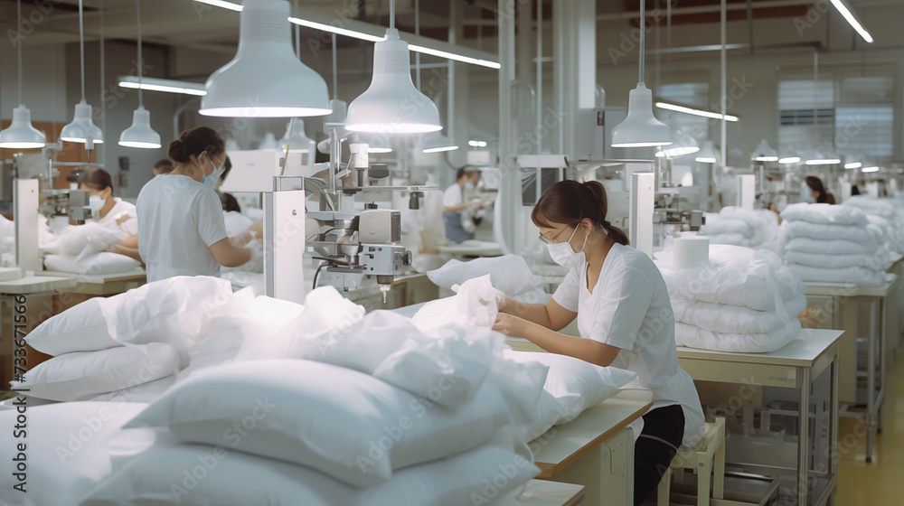 Modern pillow production plants with employees actively working woman ...