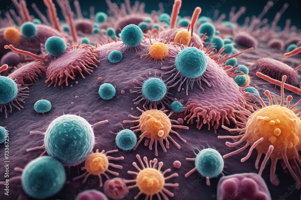 A diverse array of bacteria and viruses shown in a vivid microscopic ...