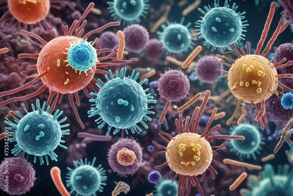A diverse array of bacteria and viruses shown in a vivid microscopic ...