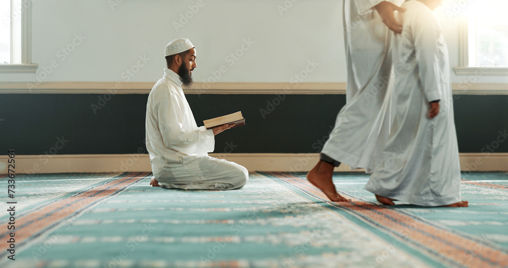 Quran, islamic and man with faith in a mosque for praying, peace and ...
