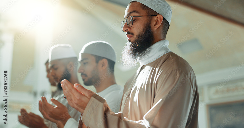 Islam, praise and group of men in mosque praying with mindfulness ...