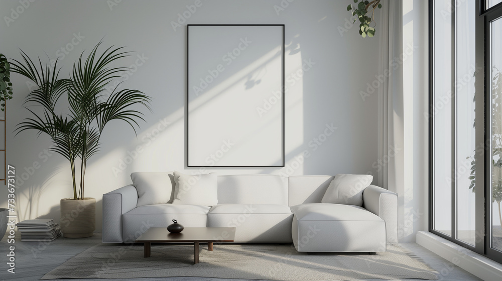 interior design furniture with mockup poster artwork with border frame ...