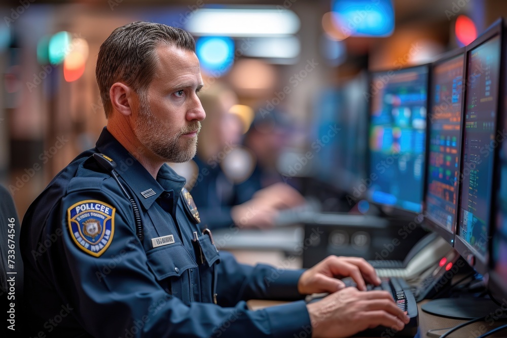 A Caucasian police officer concentrates at his work station, his stoic ...
