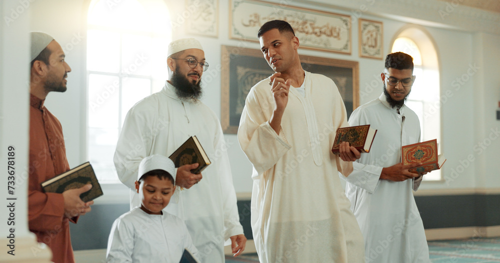 Islam, smile and group of men in mosque with child, mindfulness and ...
