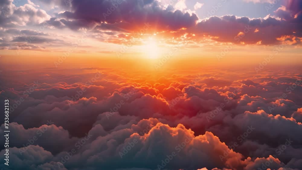 Flying over the evening clouds with the late sun. Colorful sunset and ...