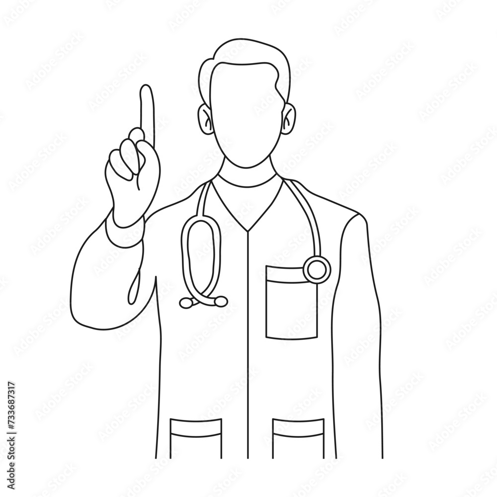 Line art, a doctor with a stethoscope with his hand raised. Medical ...