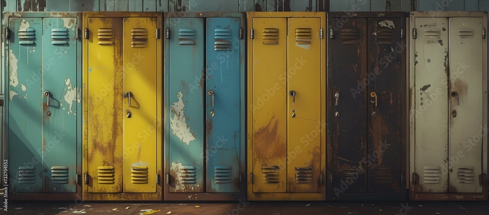 Vintage school lockers in a row, varying colors and stages of wear ...