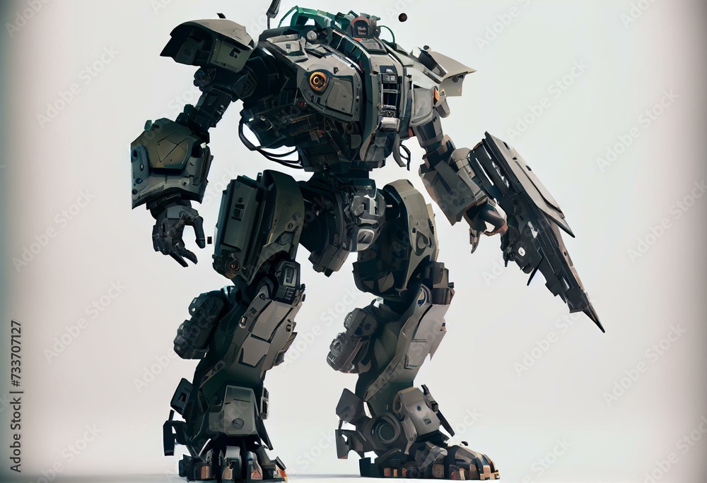 Standing on a white backdrop is a futuristic mech soldier. Military ...