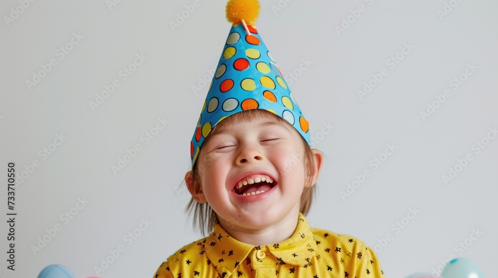 Funny little child with down syndrome with birthday hat on white ...