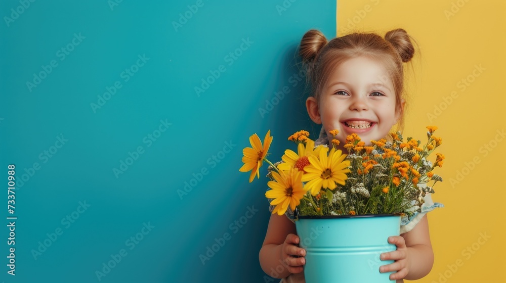 Kid girl with down syndrome holding blue and yellow flowers, colors ...