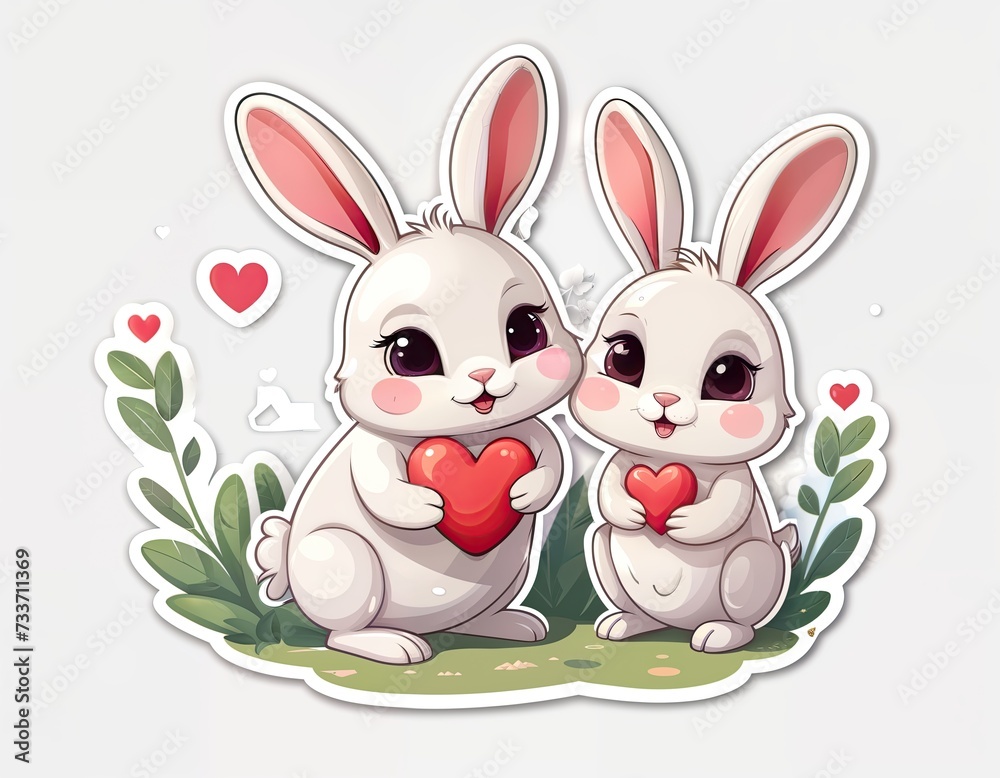 cartoon two white bunnies holding red hearts. Both bunnies have big ...