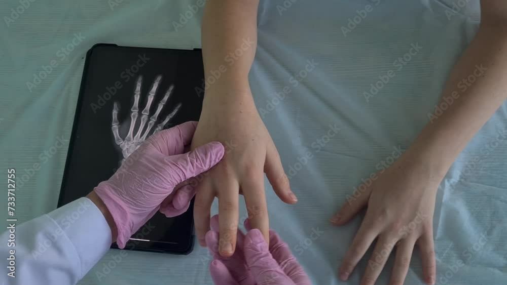 A doctor uses X-ray to examine a patients hand placed on examination ...