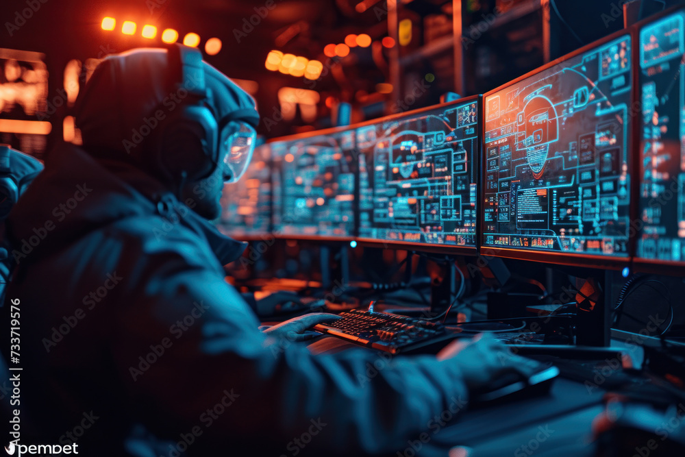 cybersecurity experts work on computers with complex code on screens ...