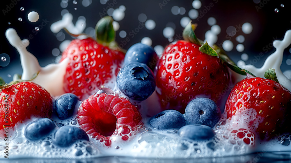 Wild berries with splashes of milk. The concept of dietary and healthy ...