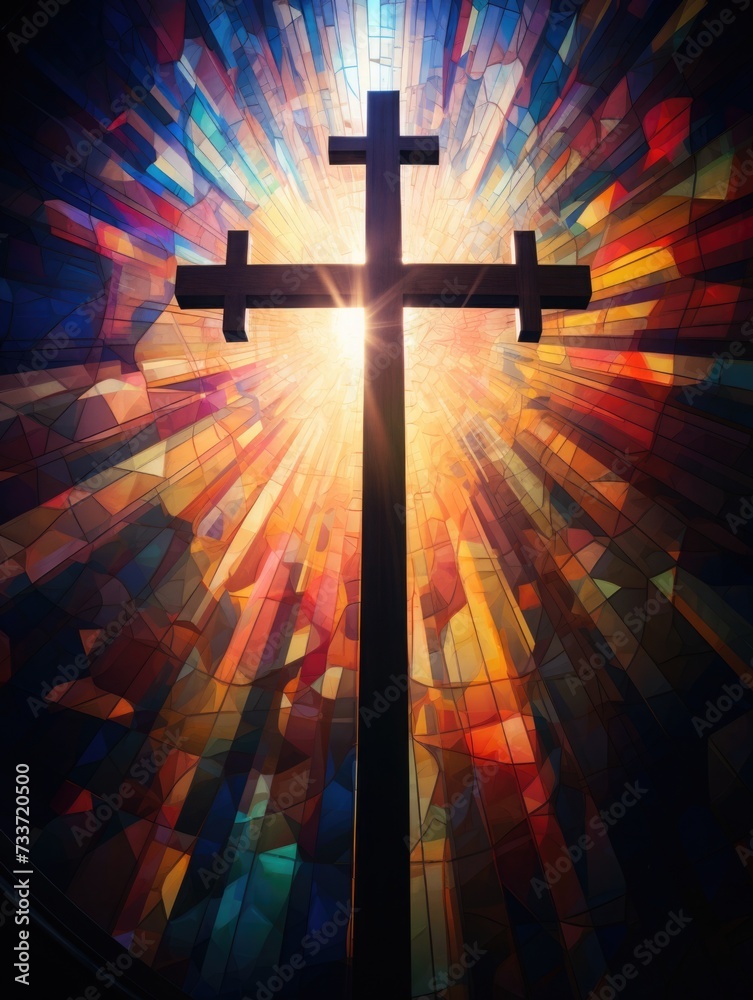 stained glass window with Christian cross, religious symbol. prayer in ...
