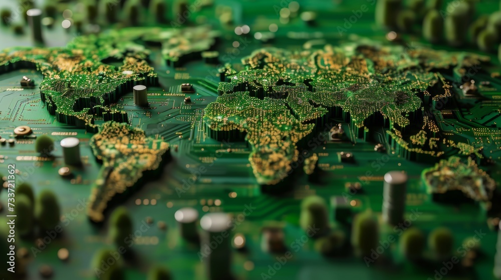 World map made of microcircuit. All continents of the digital ...