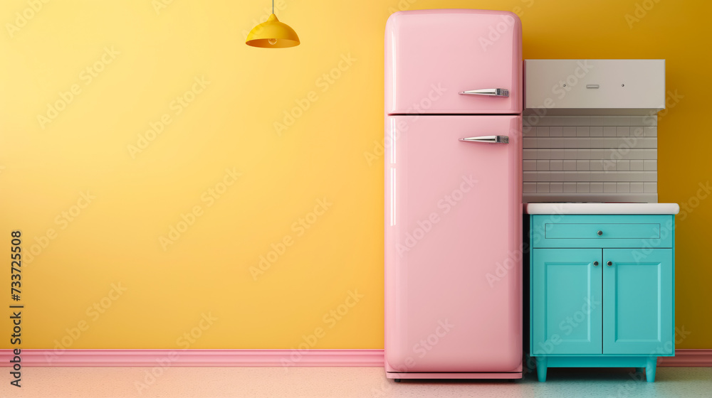 Retro style pink fridge in vintage kitchen. Refrigerator with stainless ...