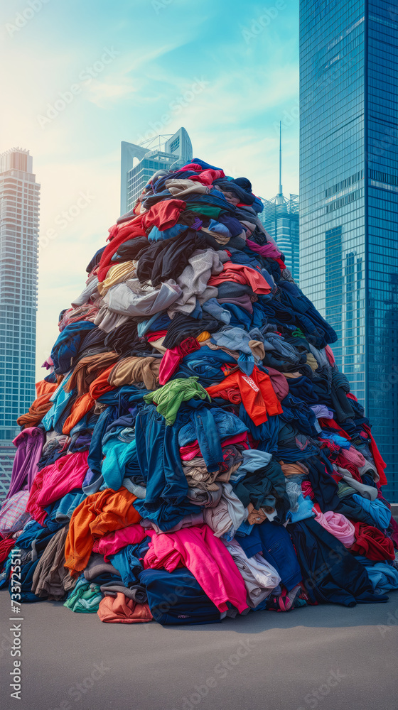 Huge pile of clothes against the backdrop of city skyscrapers ...