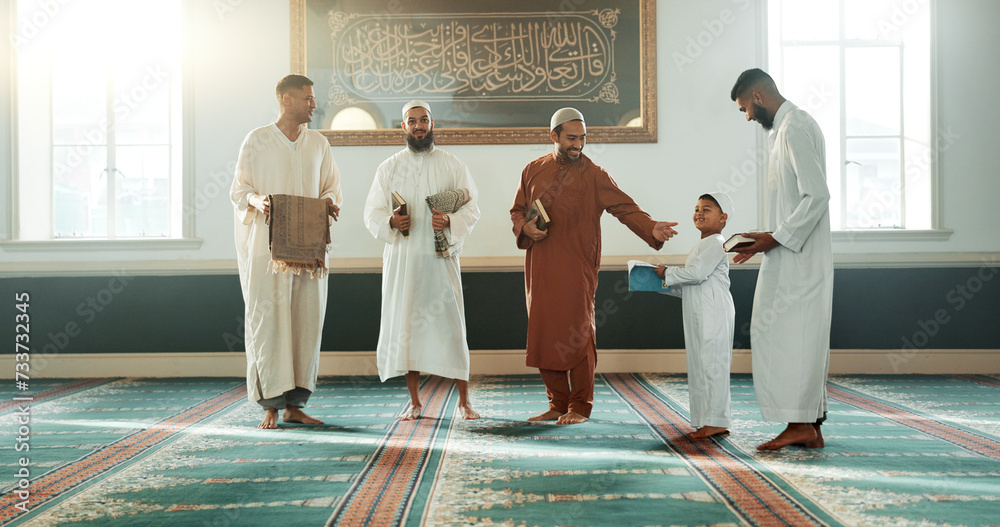 Islam, men and together in mosque for religion, spirituality or ...