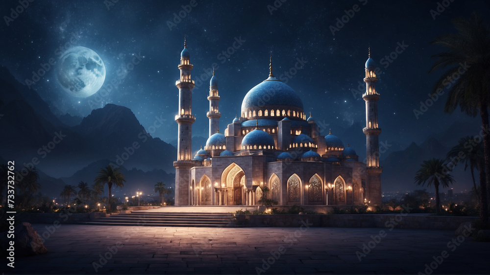 The night of power wallpaper. A mosque at night with the moon and stars ...