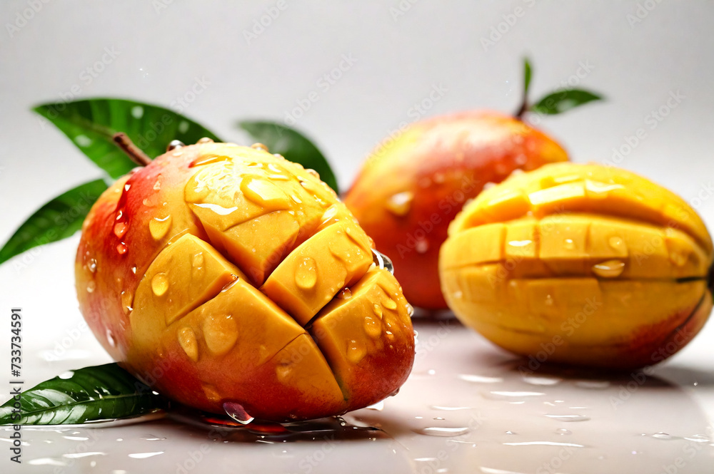 Fresh mango fruit with water drops at white background. Cartoon mango ...