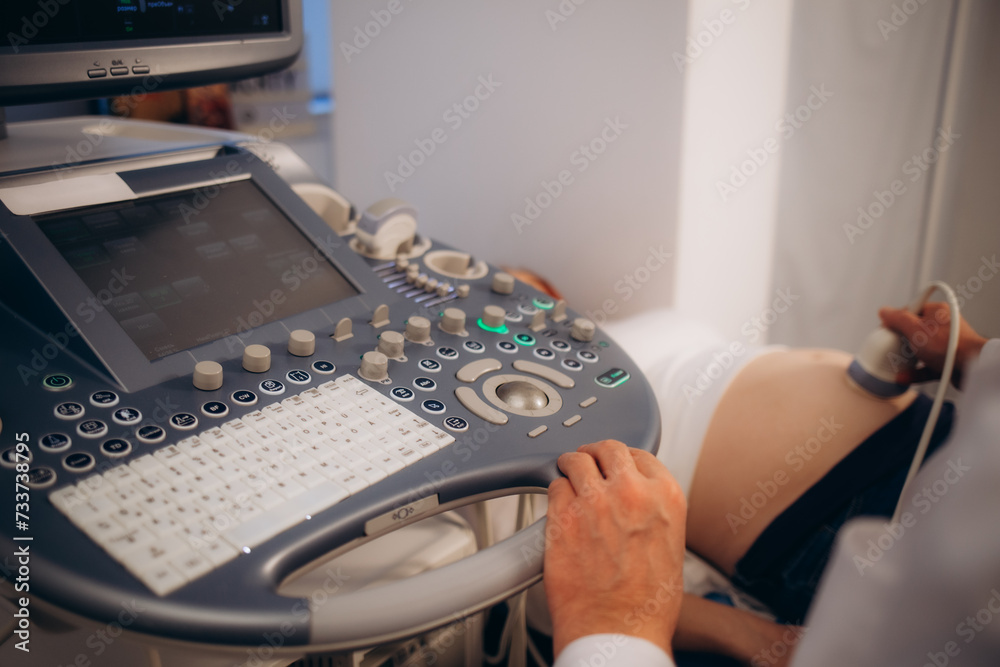 In the Hospital, Close-up Shot of the Doctor does Ultrasound Sonogram ...