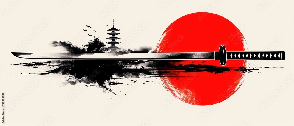 Double katana sword samurai ronin with red circle sun japanese style ...